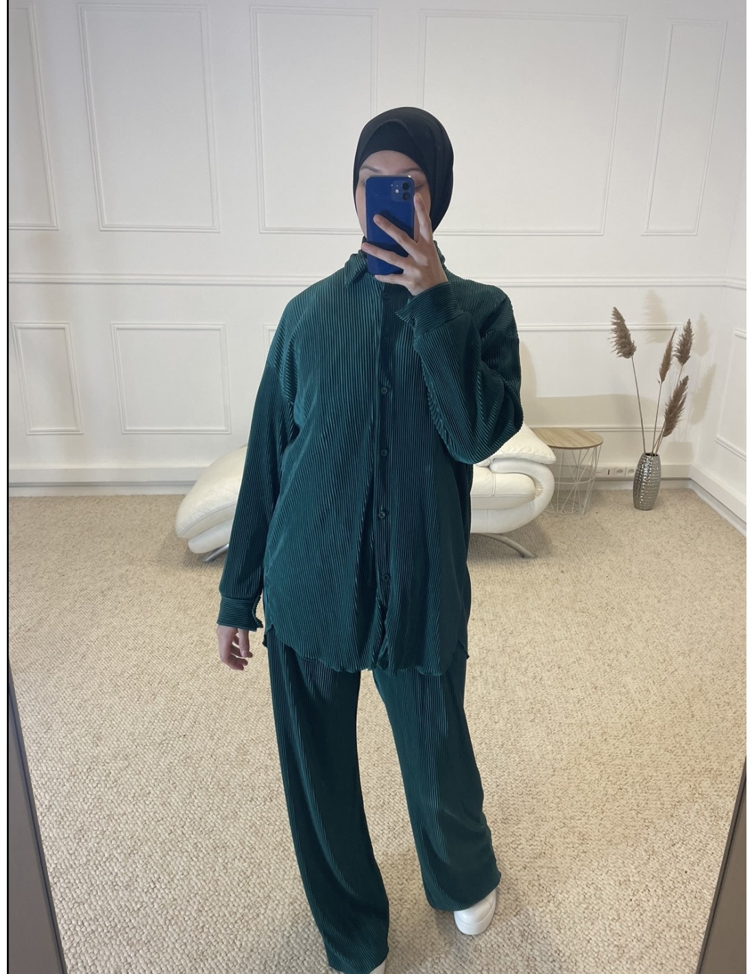 ENSEMBLE 2 PIÈCES EN SATIN PLISSÉ FEMME VERT